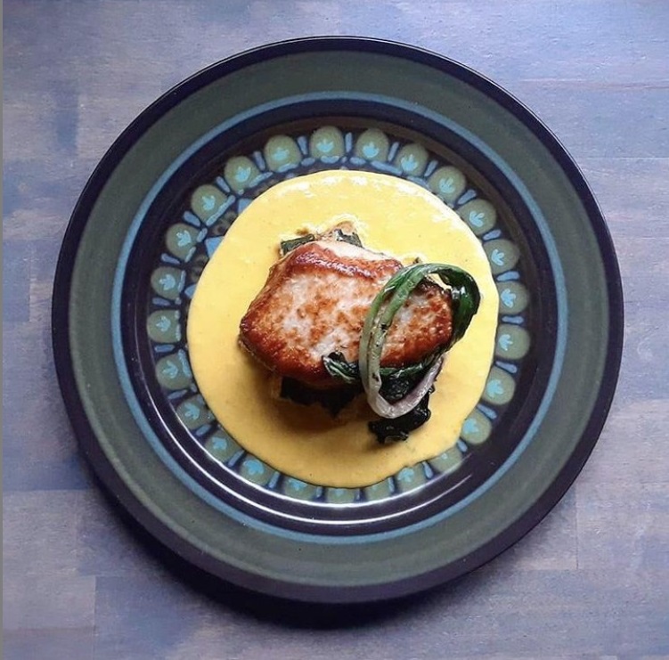 IG Berkshire pork loin, fried zucchini, sweet corn purée and grilled ...